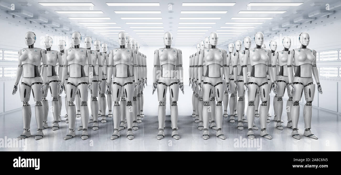 Female cyborg army concept with 3d rendering group of female cyborgs or ...