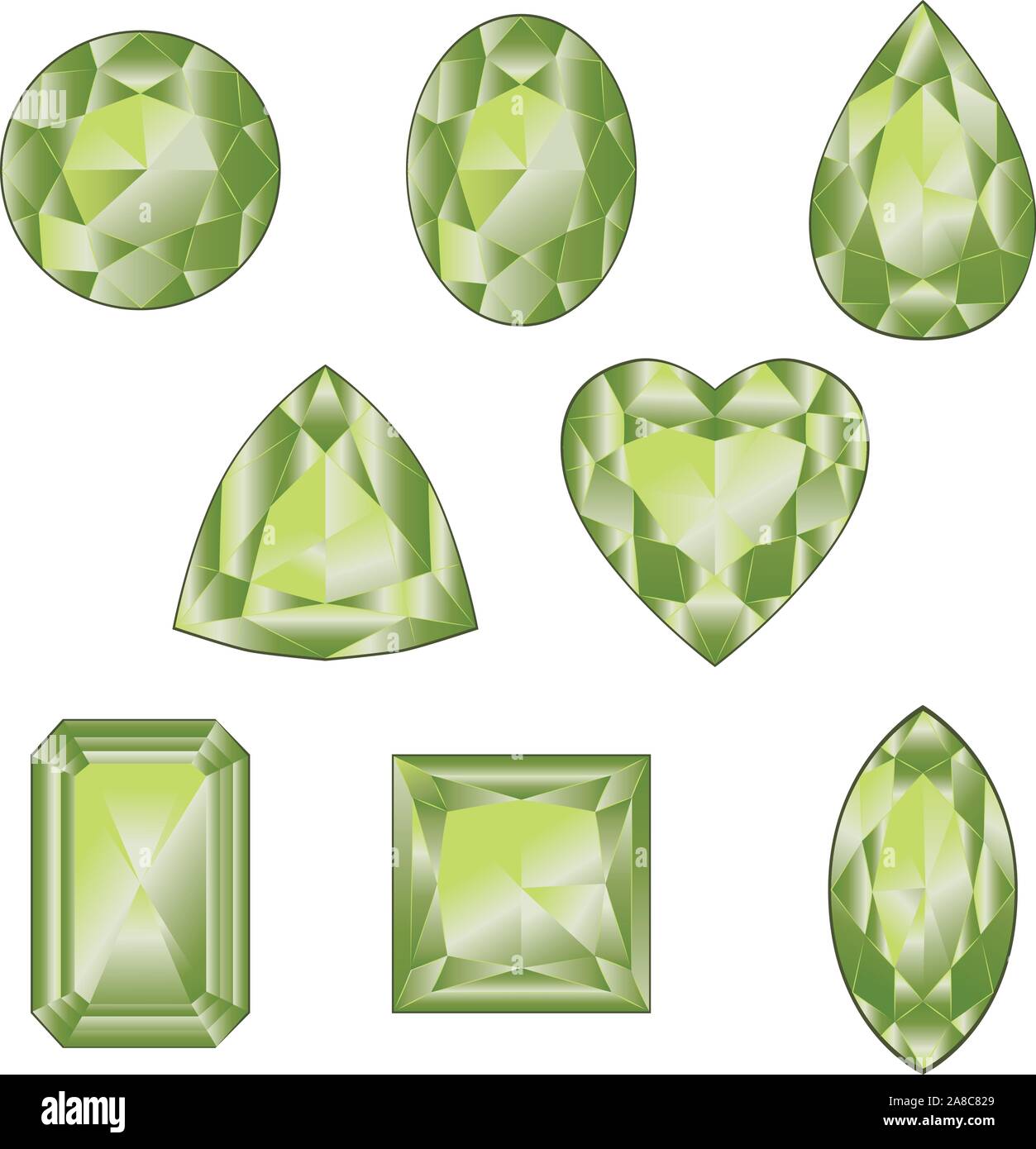 Precious gemstones, crystals of green color in different shapes ...