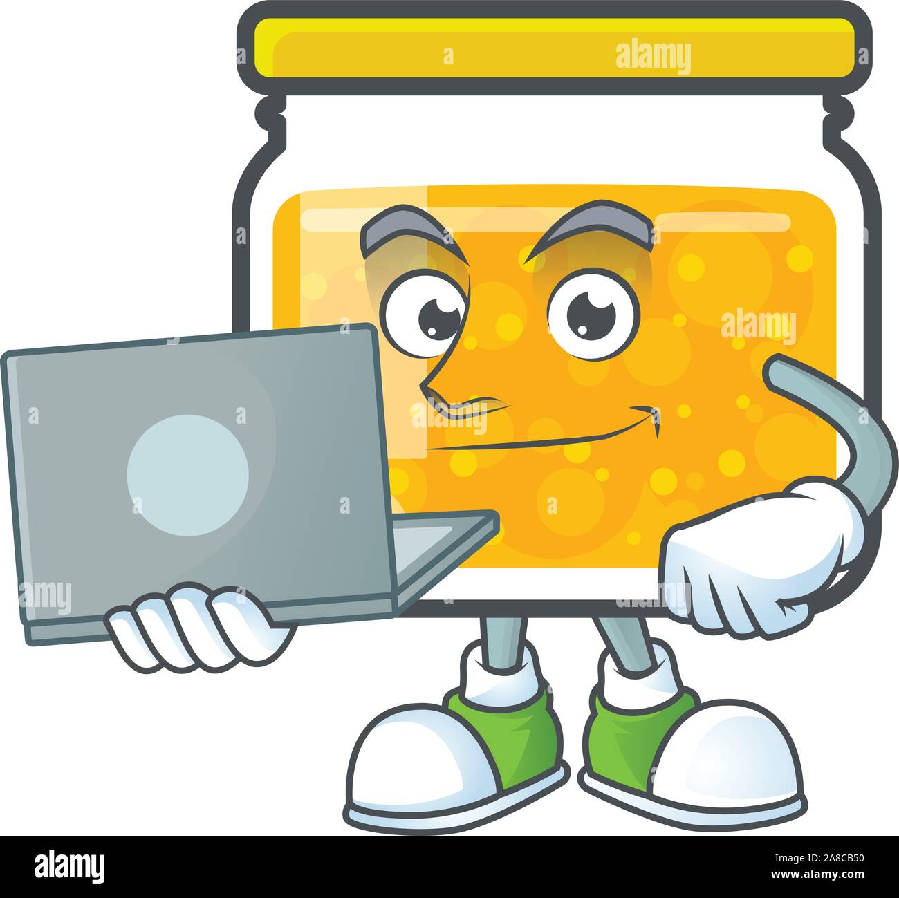 Sweet jam cartoon character with mascot with bring laptop Stock Vector ...