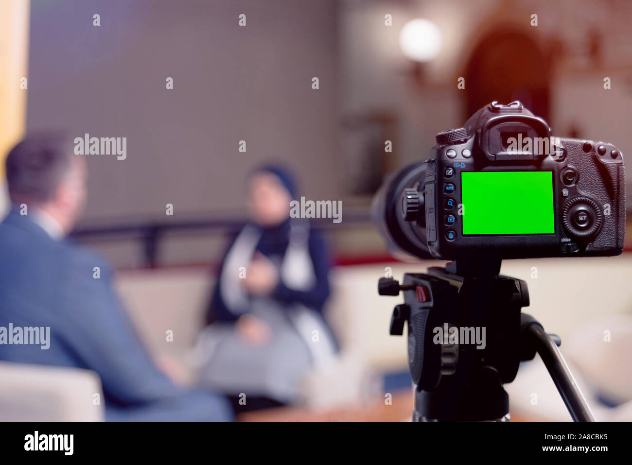 Camera ready to record interview with the politician Stock Photo - Alamy