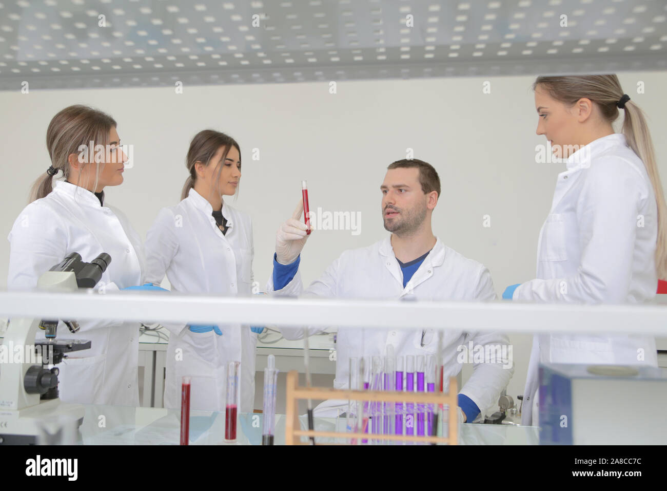 Group of young Laboratory scientists working at lab with test tubes and ...