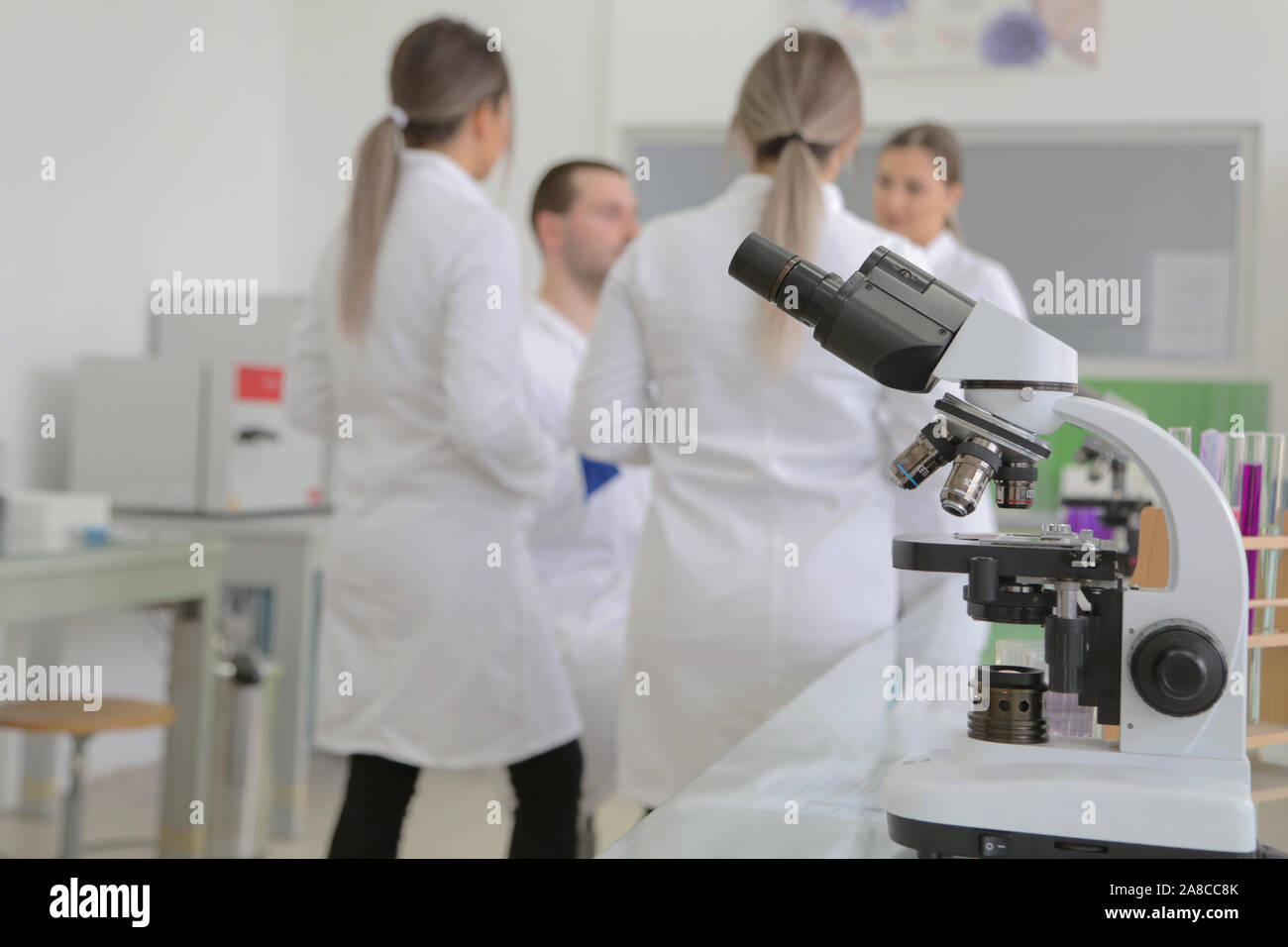 Group of young Laboratory scientists working at lab with test tubes and ...