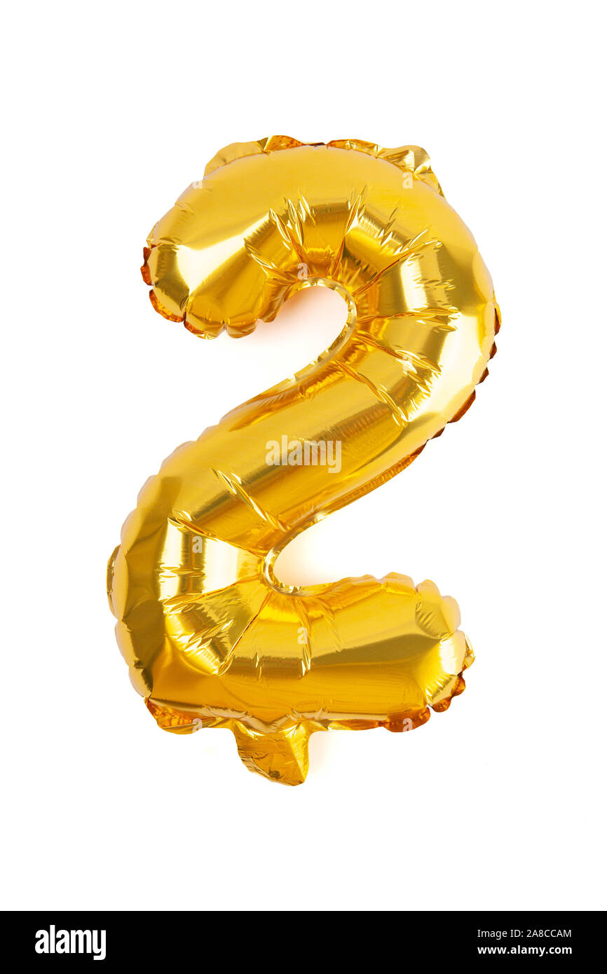 Number 2 golden foil balloon isolated on white background studio shot ...
