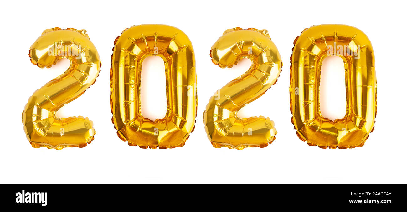 The number 2020 in golden foil balloons isolated on white background ...