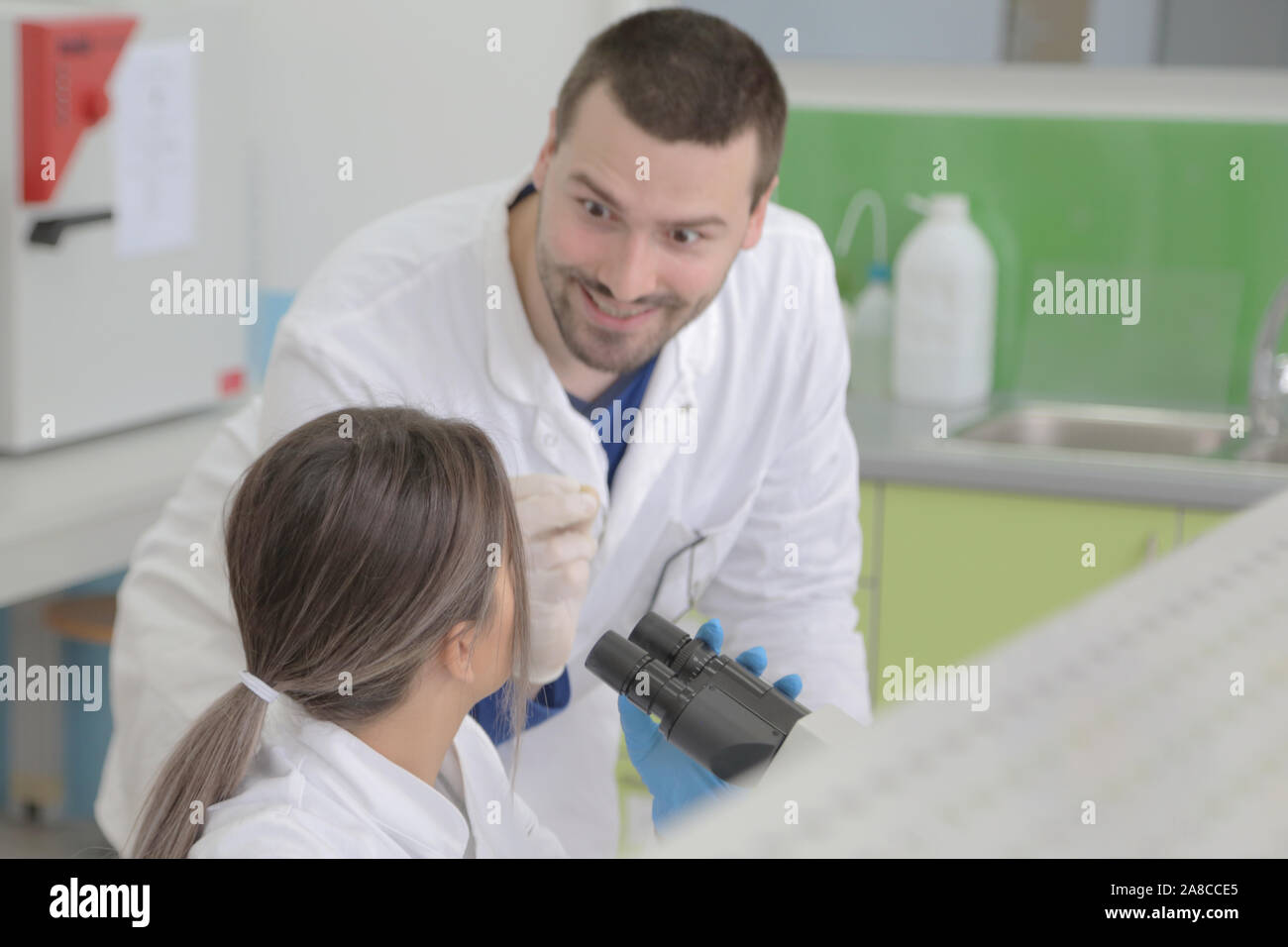 Two Young Female and male Laboratory scientists working at lab with ...