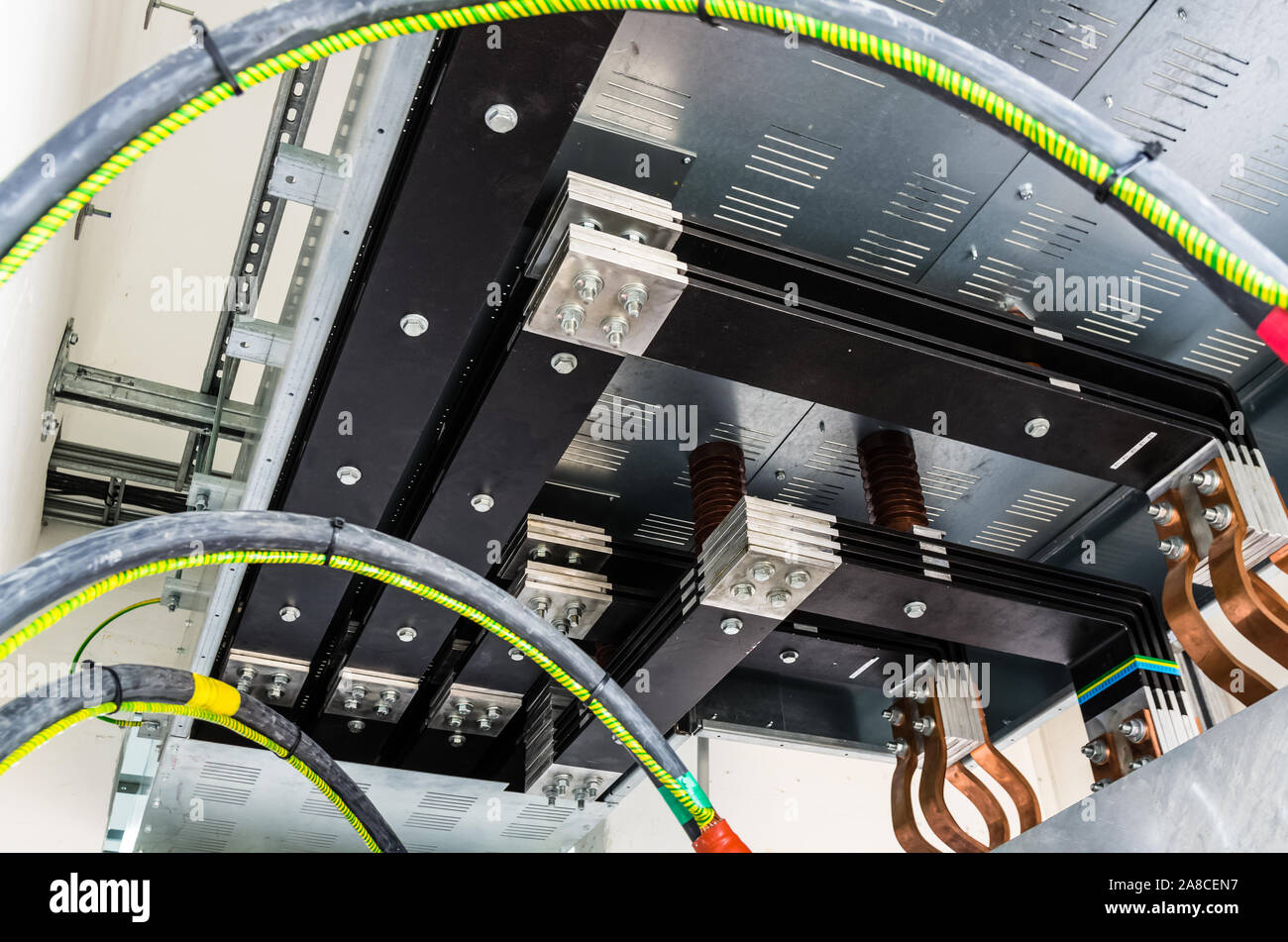 Closeup view on transformer connection to busbar on the site Stock ...