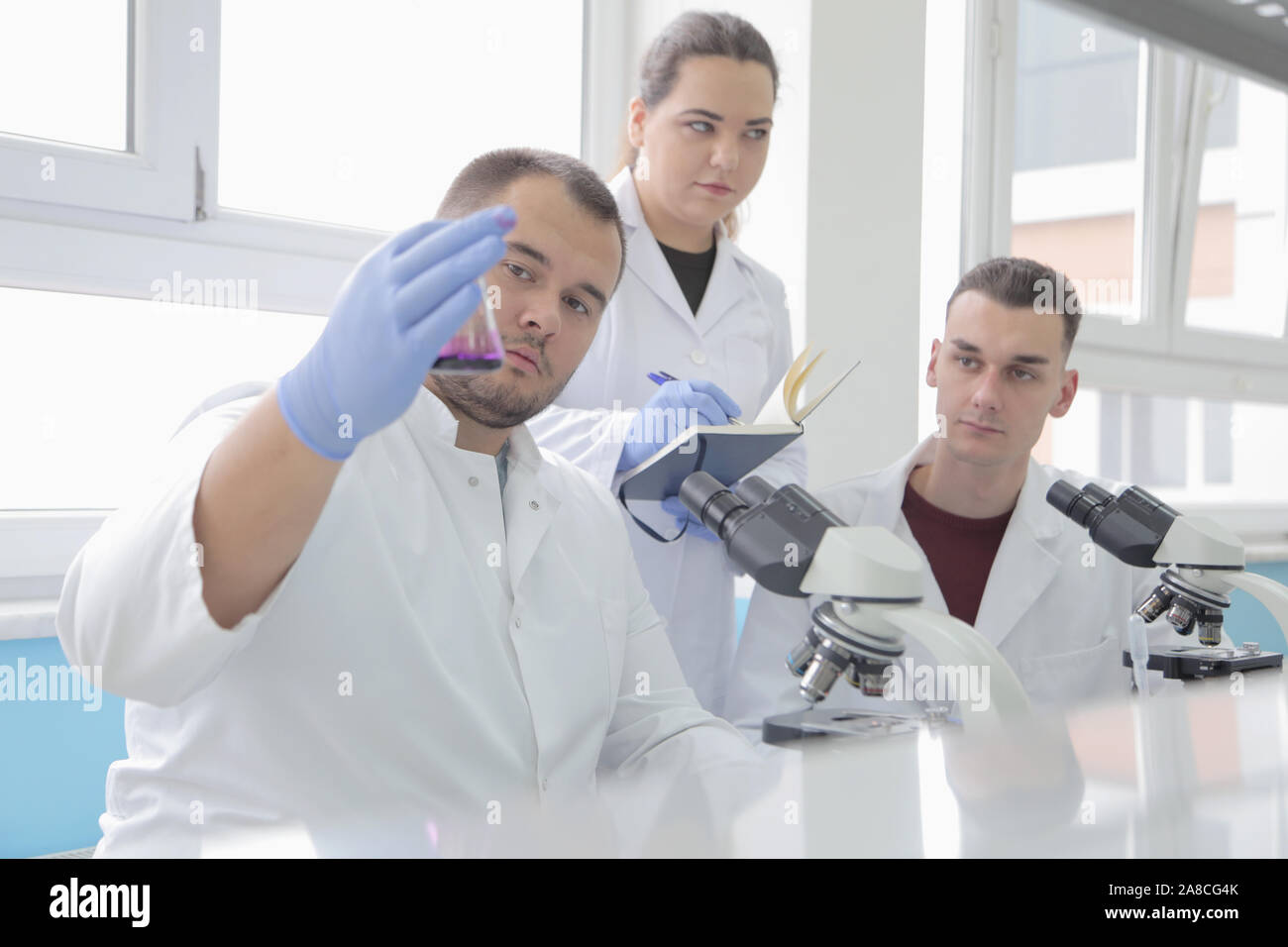 Group of young Laboratory scientists working at lab with test tubes and ...