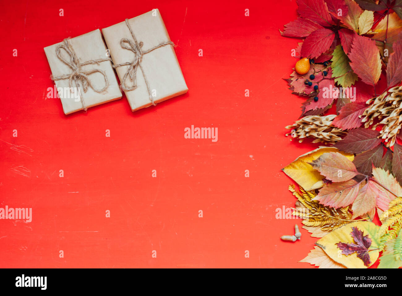 Autumn background red and yellow leaves gifts holiday Stock Photo - Alamy