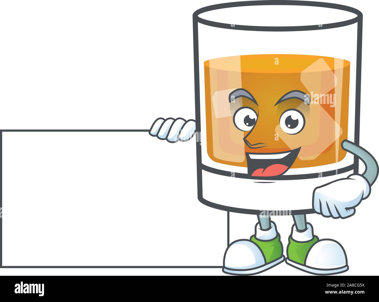 Liquor whiskey in the cartoon character grinning with board Stock ...