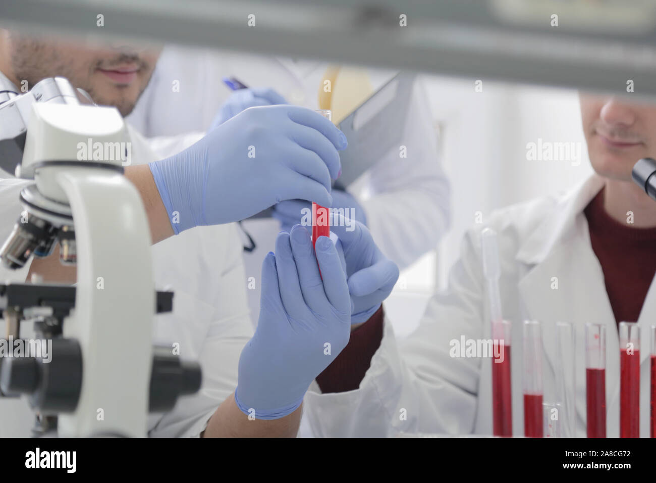 Group of young Laboratory scientists working at lab with test tubes and ...