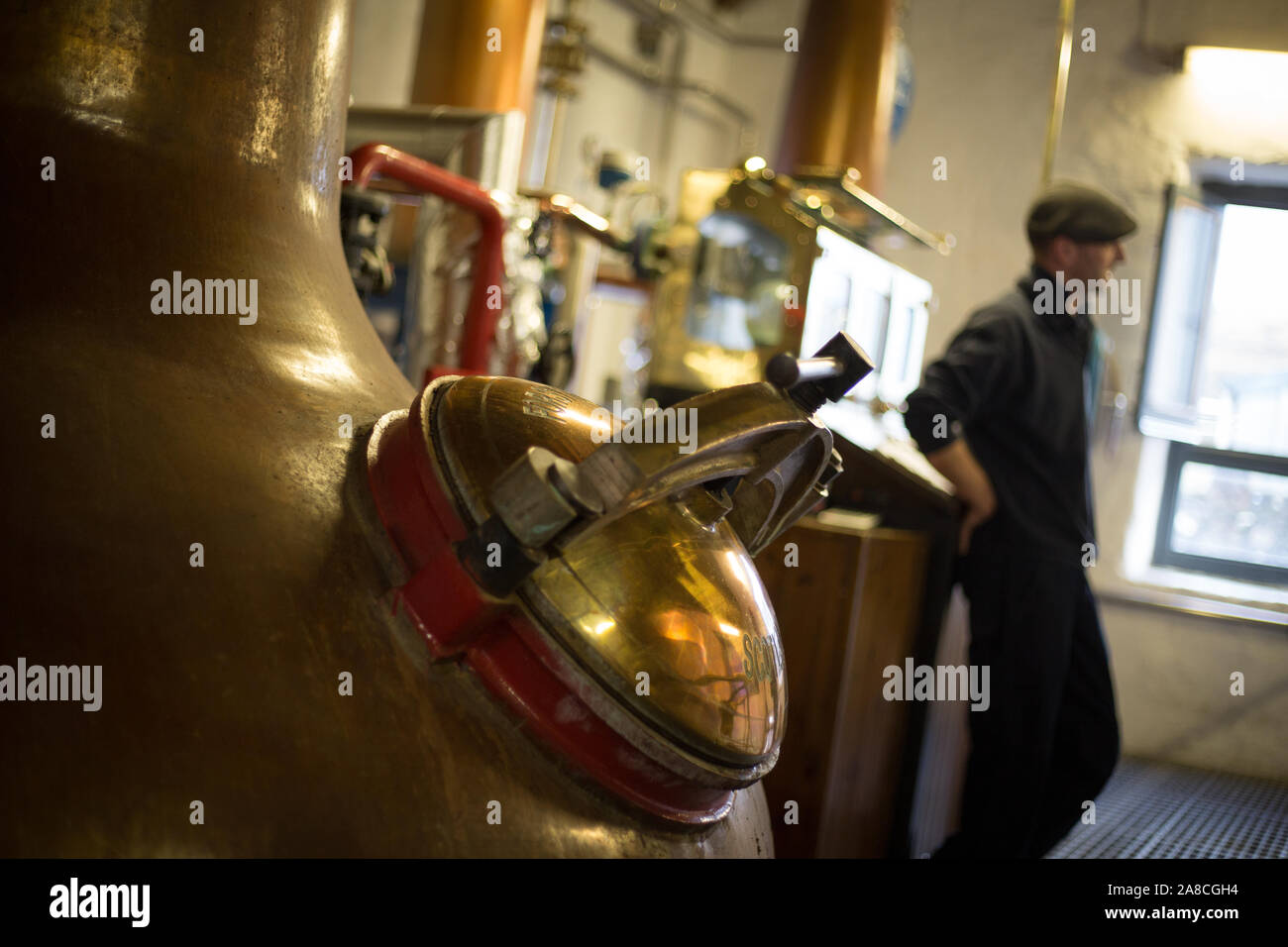 In the distillery still room at Kilchoman single malt whisky distillery ...