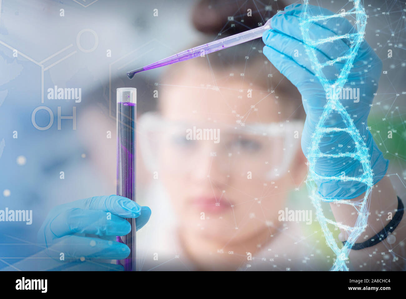 Young female Laboratory scientist working at lab with test tubes and ...