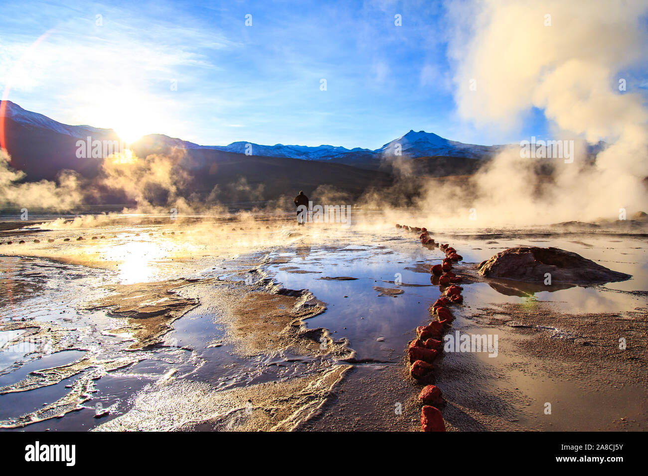El Tatio Geyser site, San Pedro de Atacama with tourists visiting ...