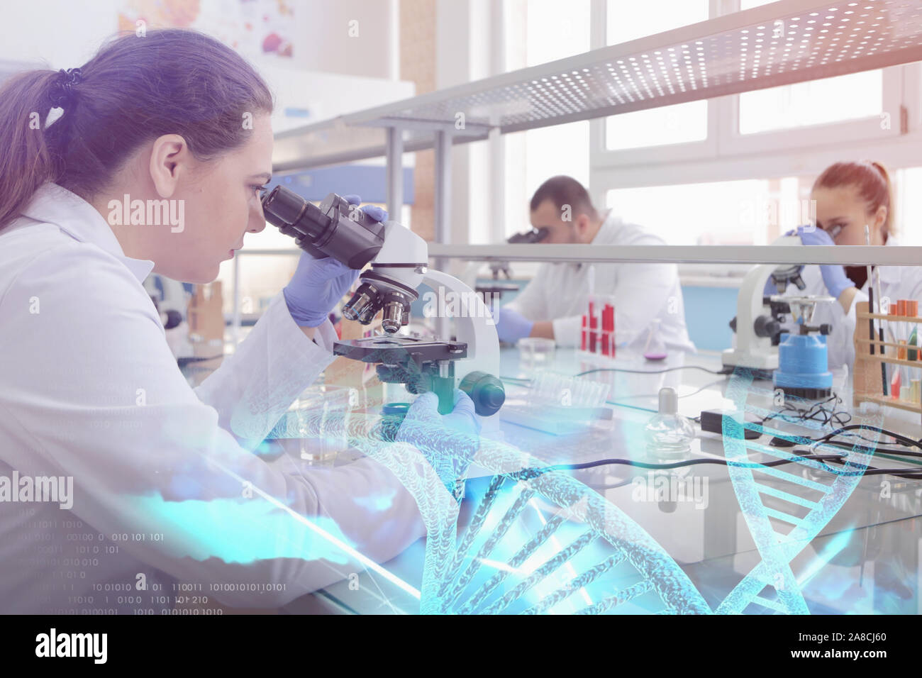 Group of young Laboratory scientists working at lab with test tubes and ...