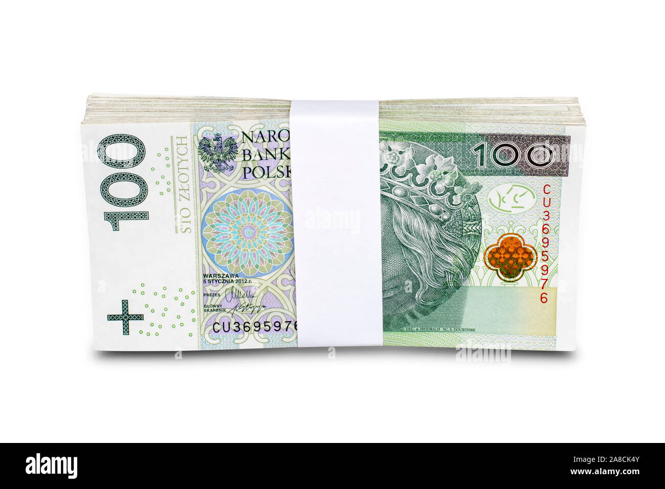 Bundle of polish 100 zloty banknotes. Isolated on white. Path included ...