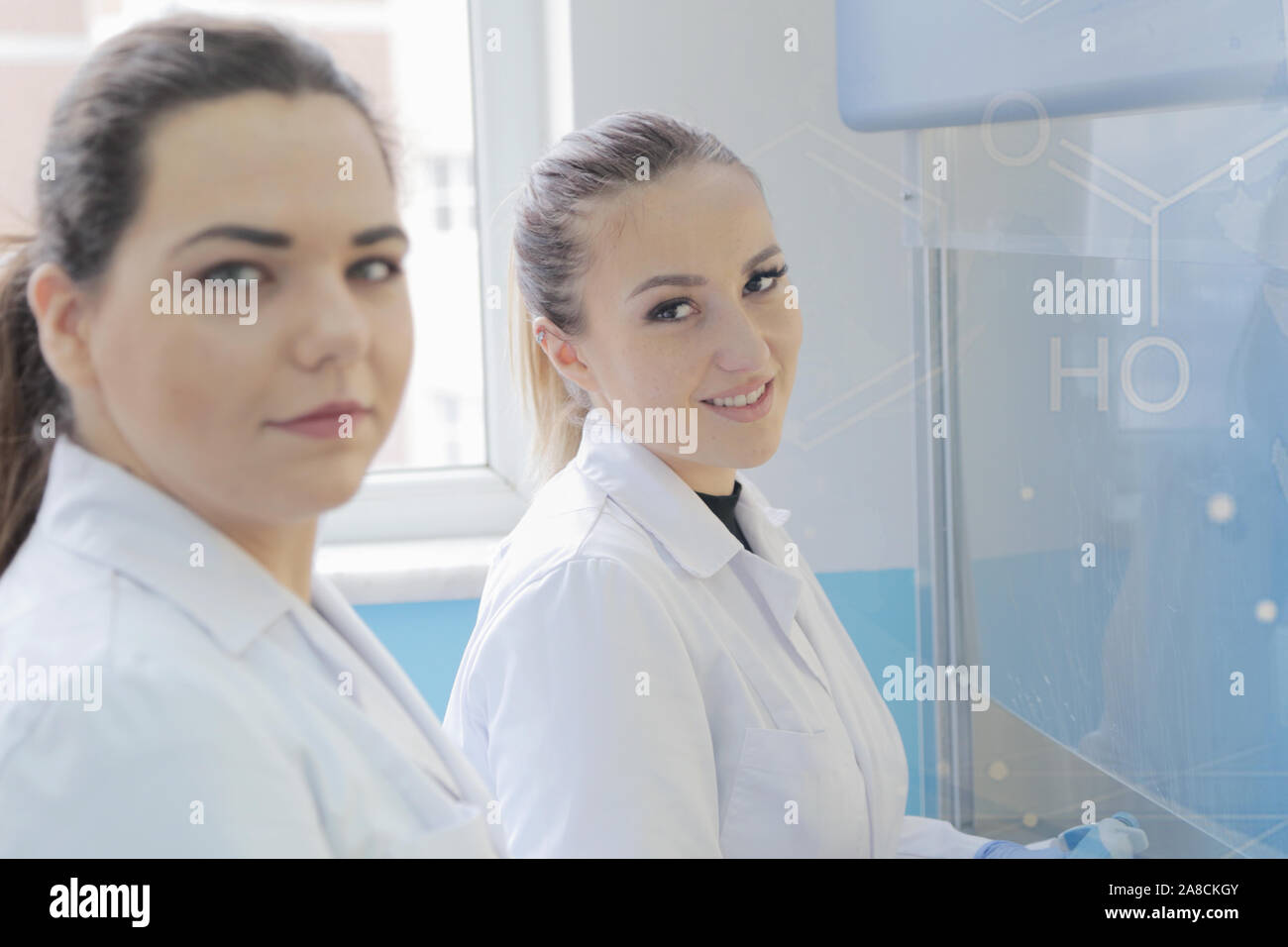 Two young female Laboratory scientists working at lab with test tubes ...