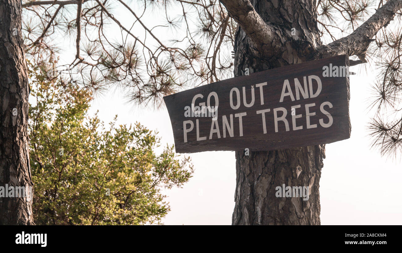 Go out and plant trees sign board Stock Photo - Alamy