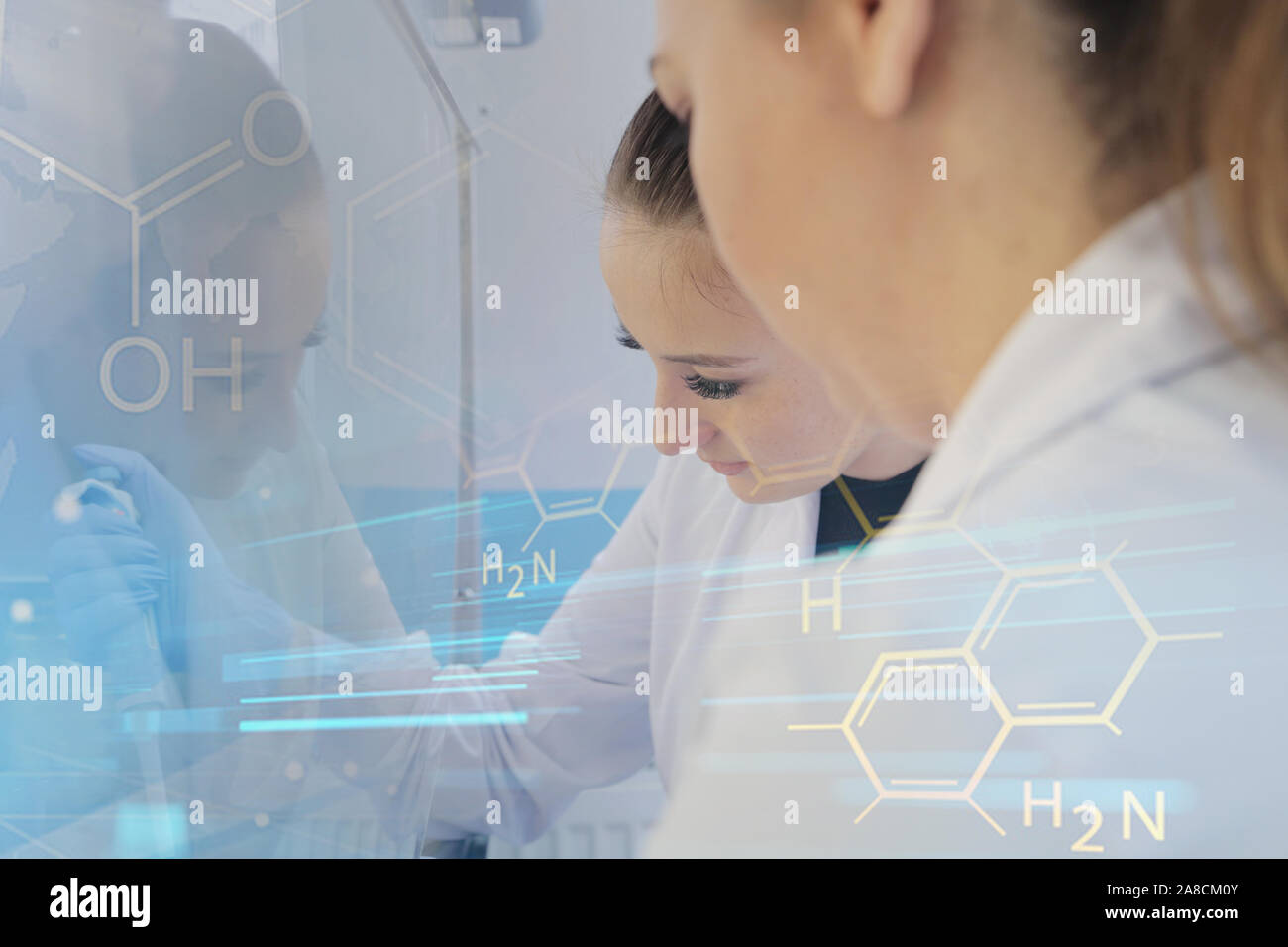 Two young female Laboratory scientists working at lab with test tubes ...