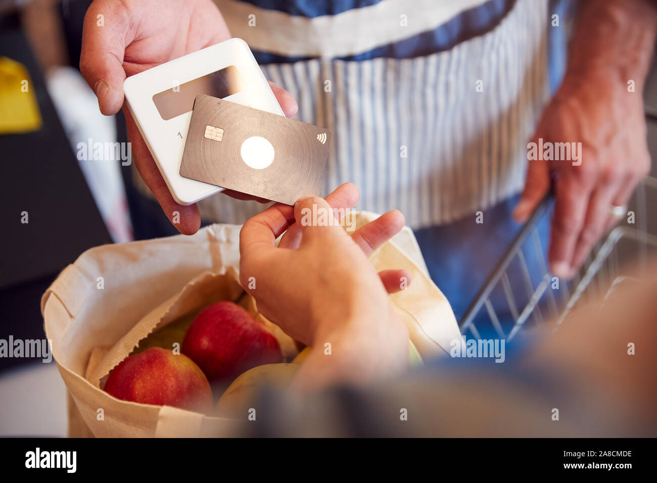 Close Up Of Customer At Checkout Of Organic Farm Shop Making ...