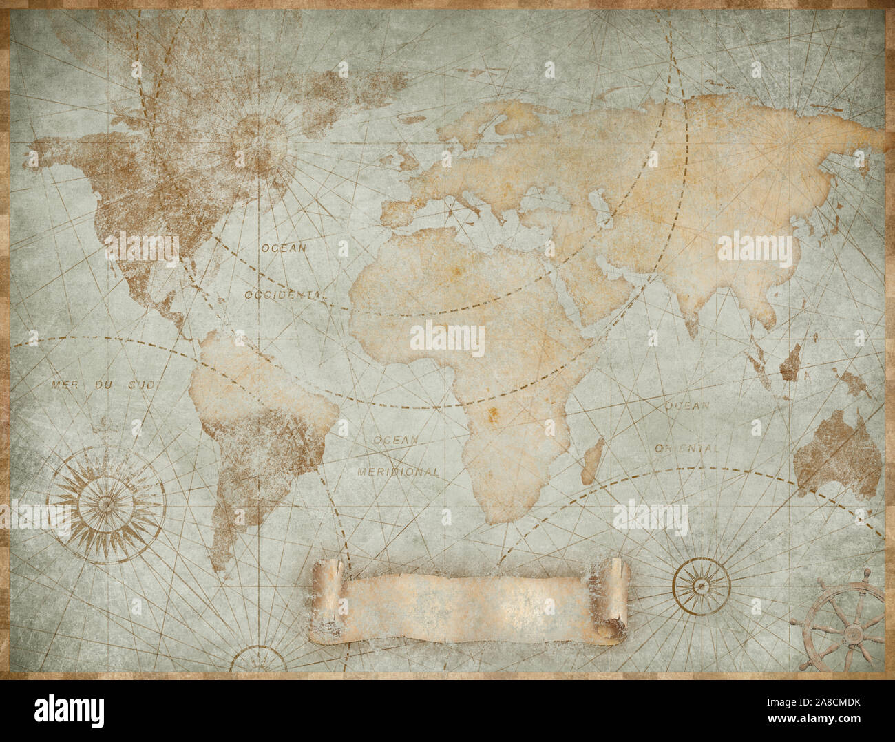 Medieval worn blue world map vintage stylization Stock Photo - Alamy