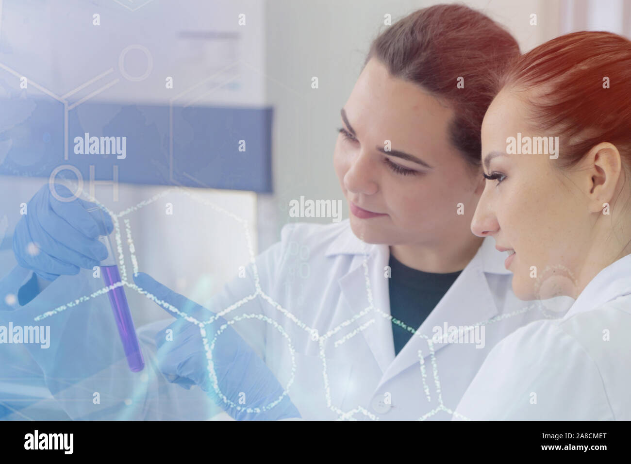 Two young female Laboratory scientists working at lab with test tubes ...