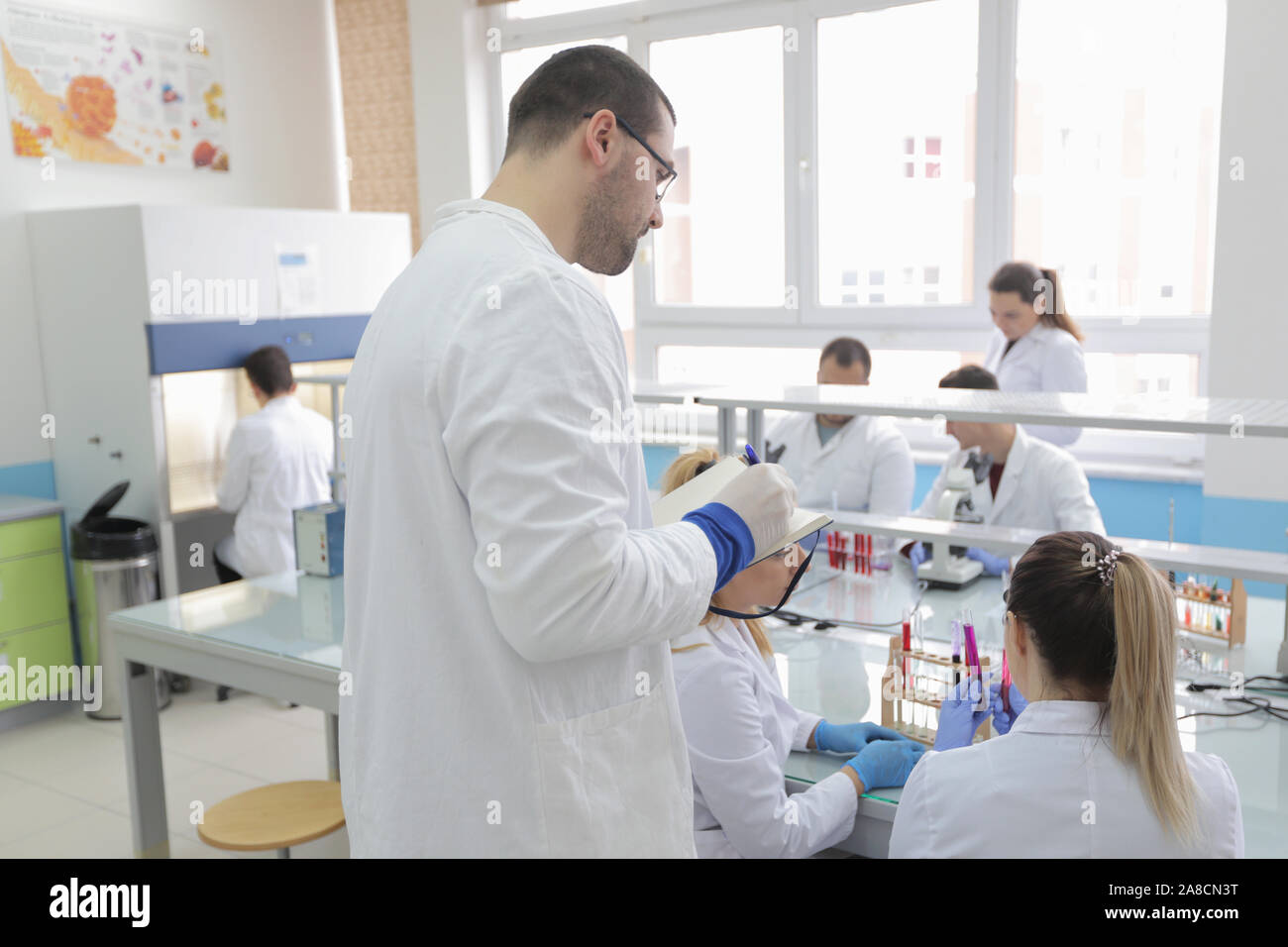 Group of young Laboratory scientists working at lab with test tubes and ...