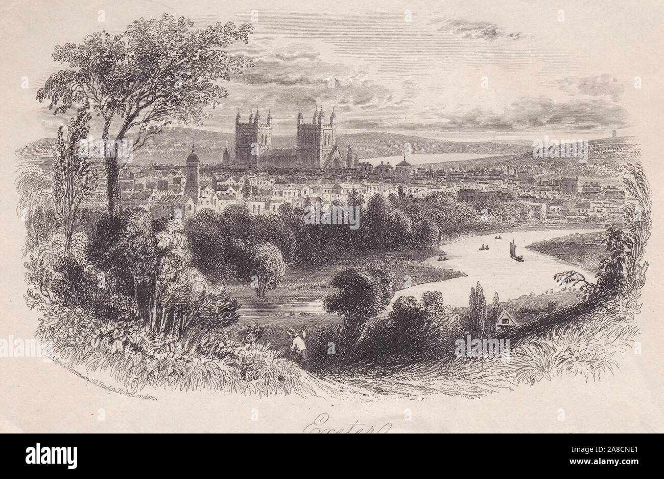 1800s Engraving - Exeter with view of Exe Estuary, Devon, UK Stock ...