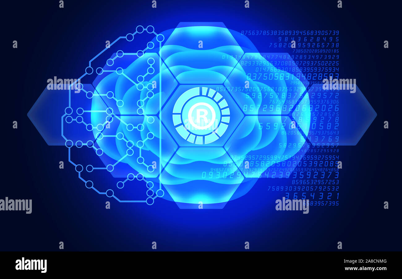 Registered symbol is reflecting over 3D futuristic electronic circuit ...