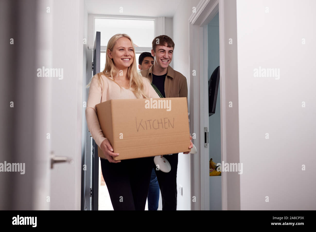 Group Of College Student Carrying Boxes Moving Into Accommodation ...