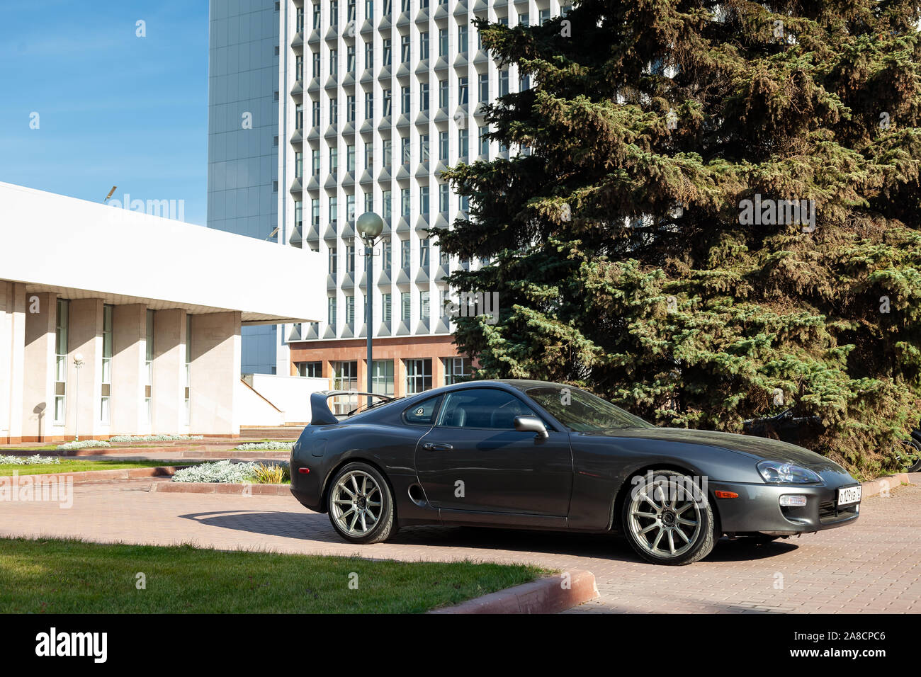 Novosibirsk, Russia - 10.10.2019: Toyota Supra coupe in gray with a ...