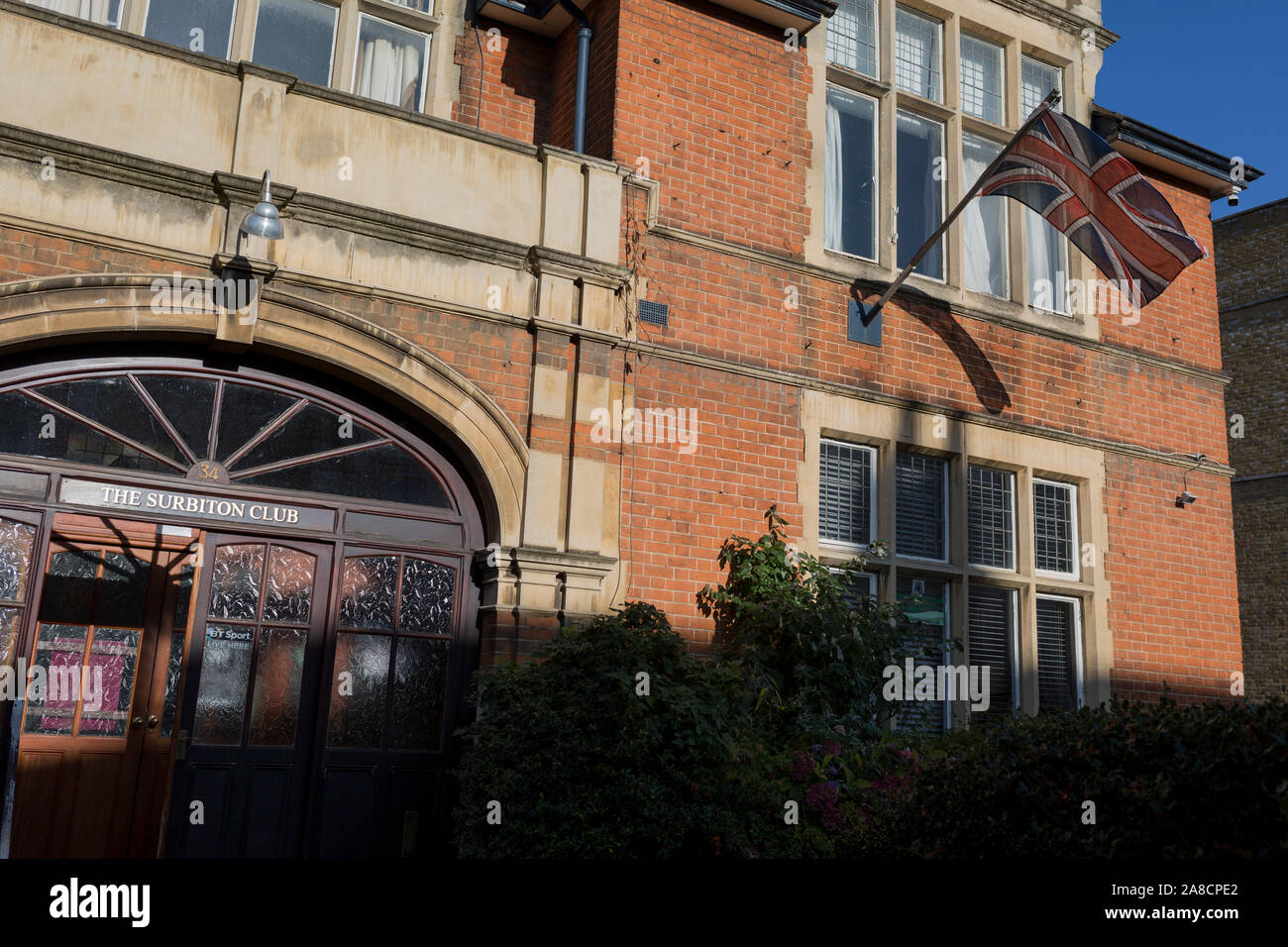A Union Jack hangs from the exterior of The Surbiton Club, on 7th ...