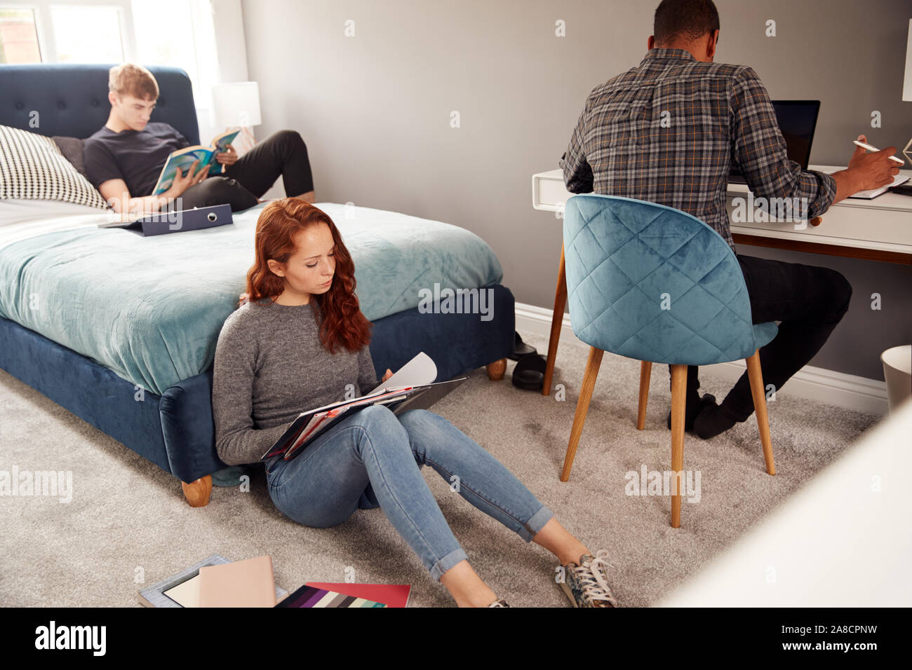 Group Of College Students In Shared House Bedroom Studying Together ...