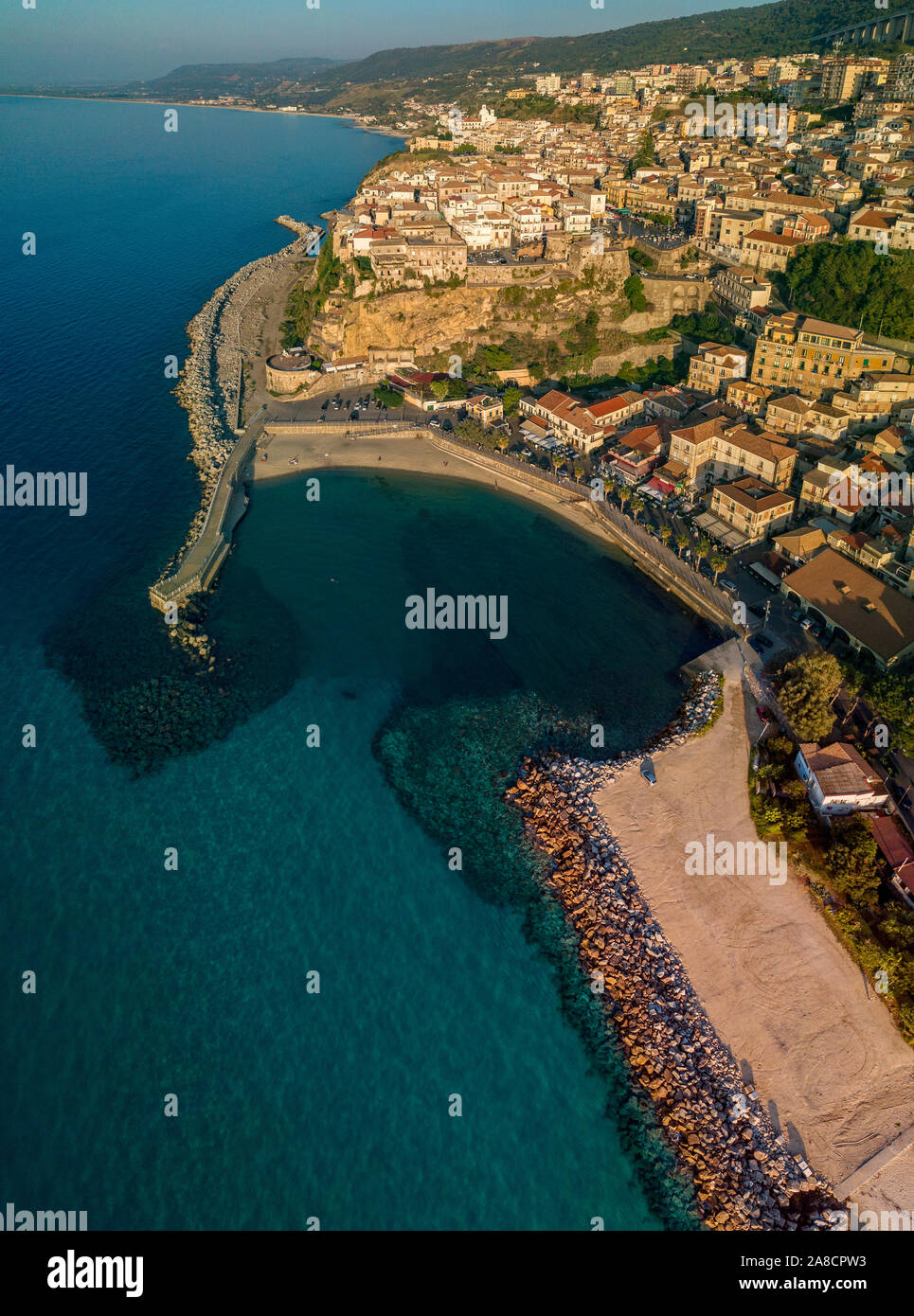 Aerial view of Pizzo Calabro, pier, castle, Calabria, tourism Italy ...