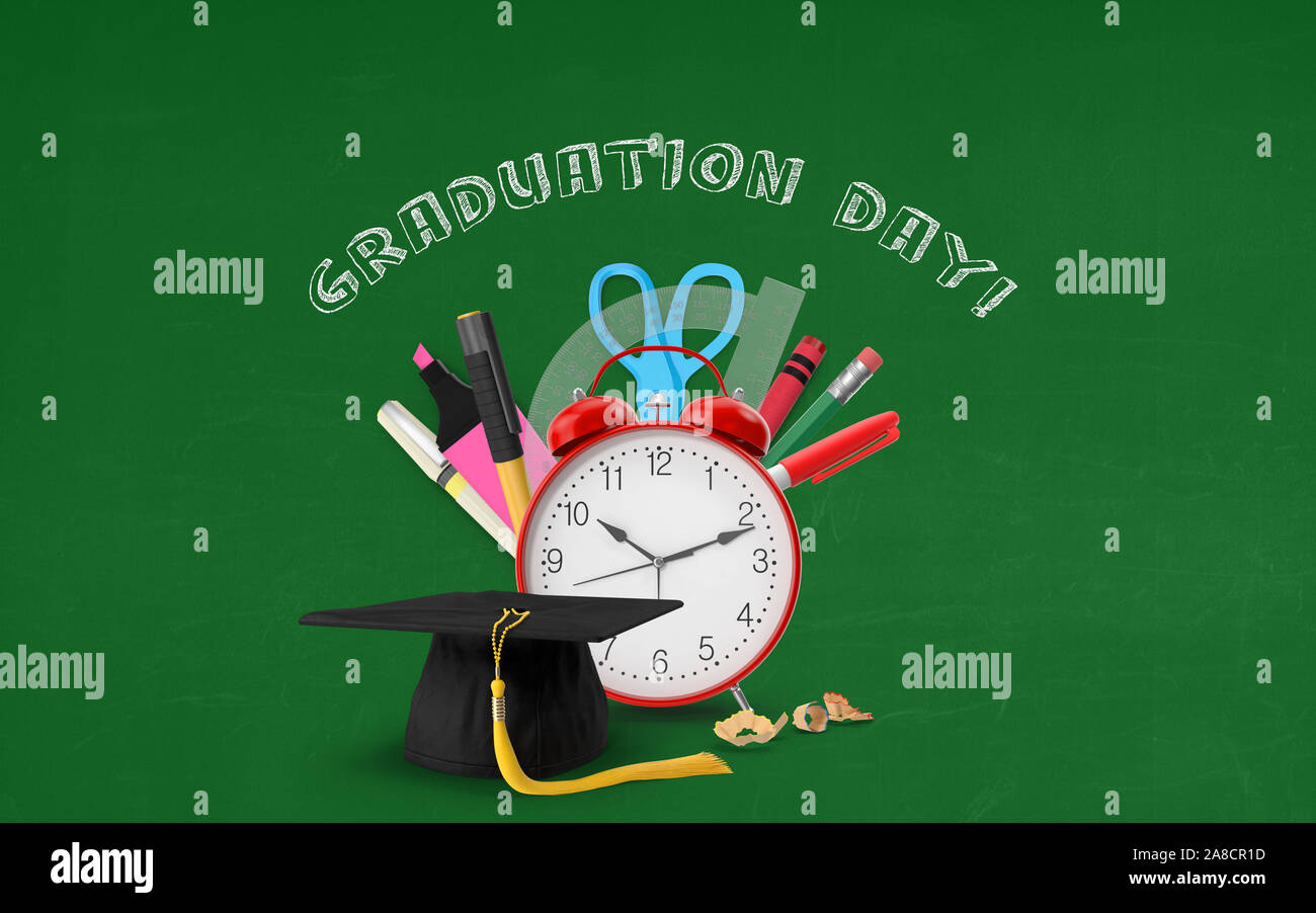 Graduation Day text doodle with school stationaries on a green ...