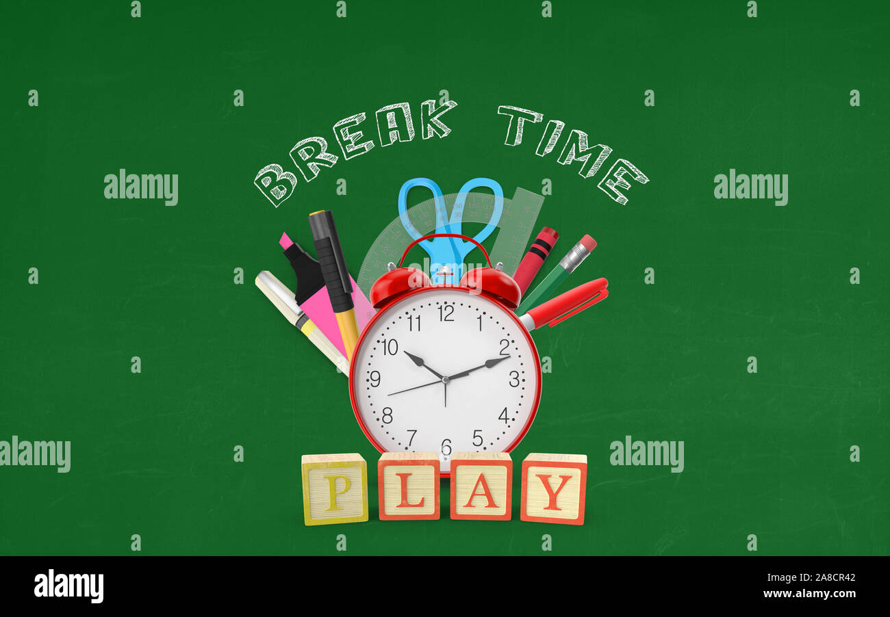 Break Time text doodle with school stationaries on a green blackboard ...