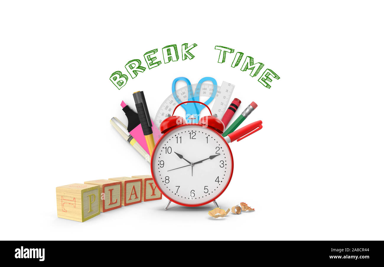 Break Time text doodle with school stationaries on isolated white ...