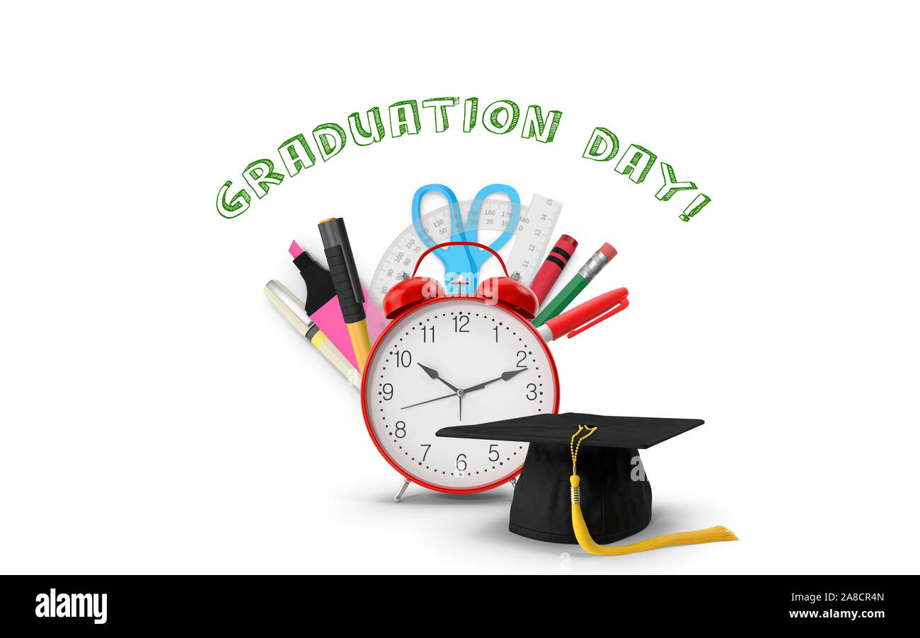 Graduation Day text doodle with school stationaries on isolated white ...