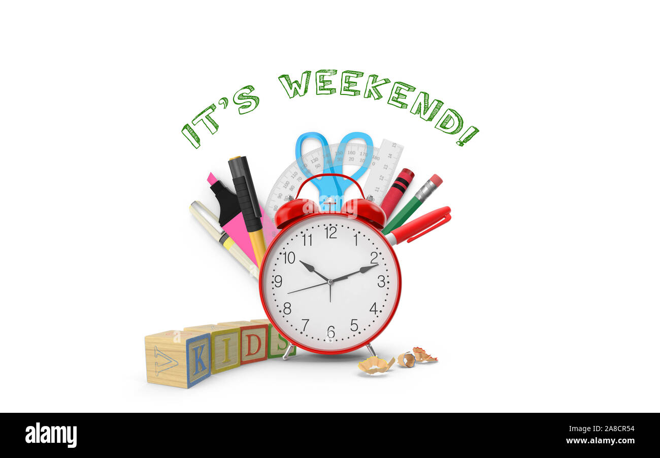 It's Weekend text doodle with school stationaries on isolated white ...