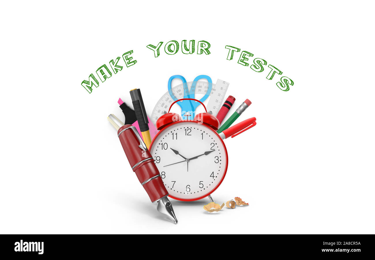 Make Your Tests text doodle with school stationaries on isolated white ...