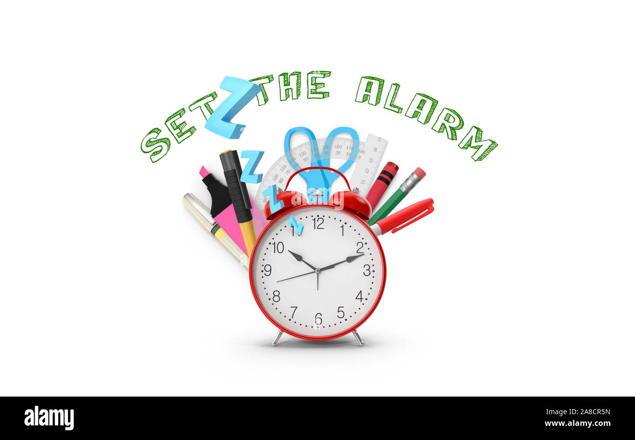 Set The Alarm text doodle with school stationaries on isolated white ...