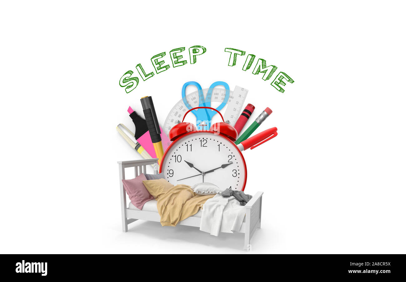 Sleep Time text doodle with school stationaries on isolated white ...