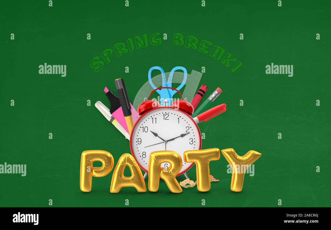 Spring Break text doodle with school stationaries on a green blackboard ...