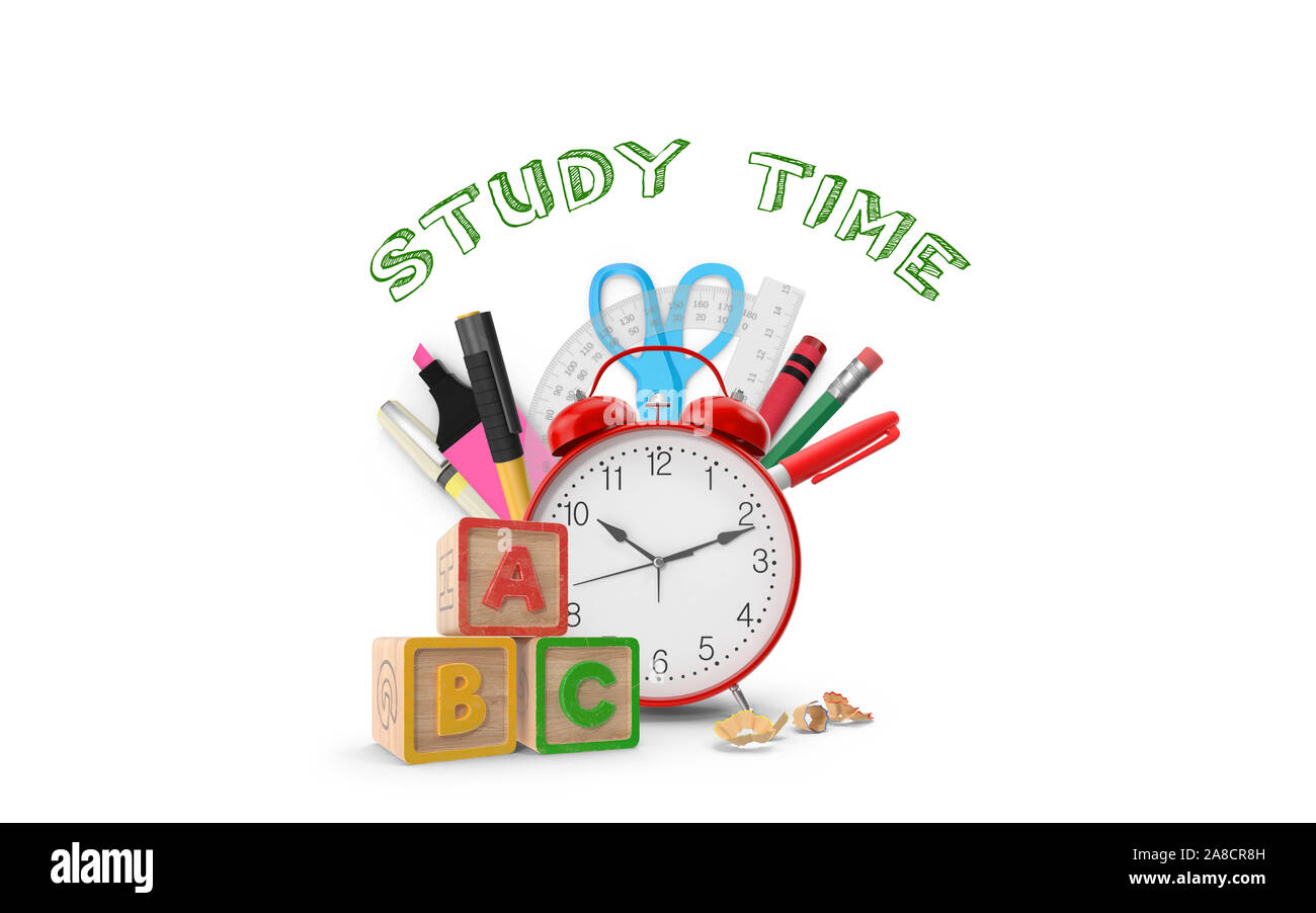 Study Time text doodle with school stationaries on isolated white ...