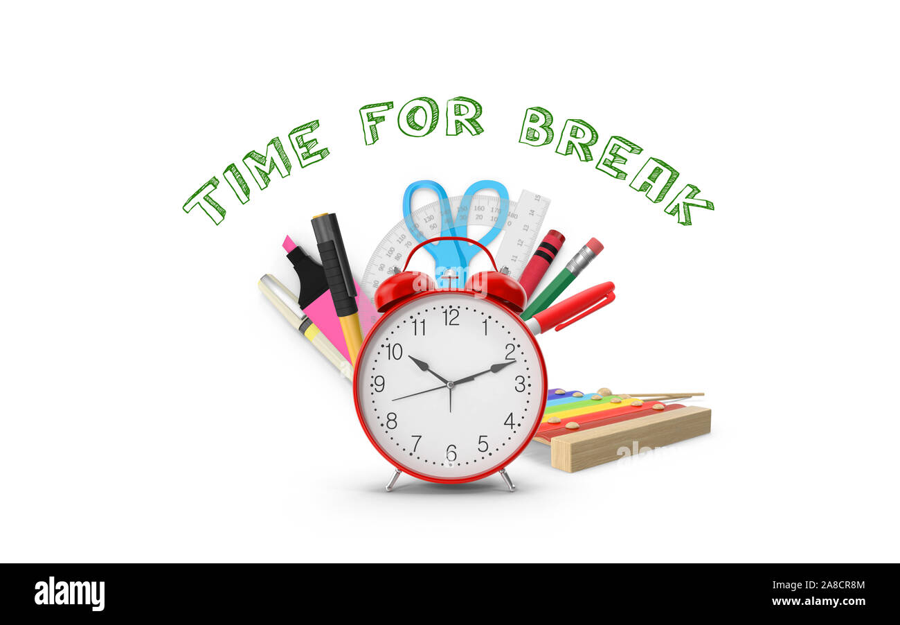 Time For Break text doodle with school stationaries on isolated white ...
