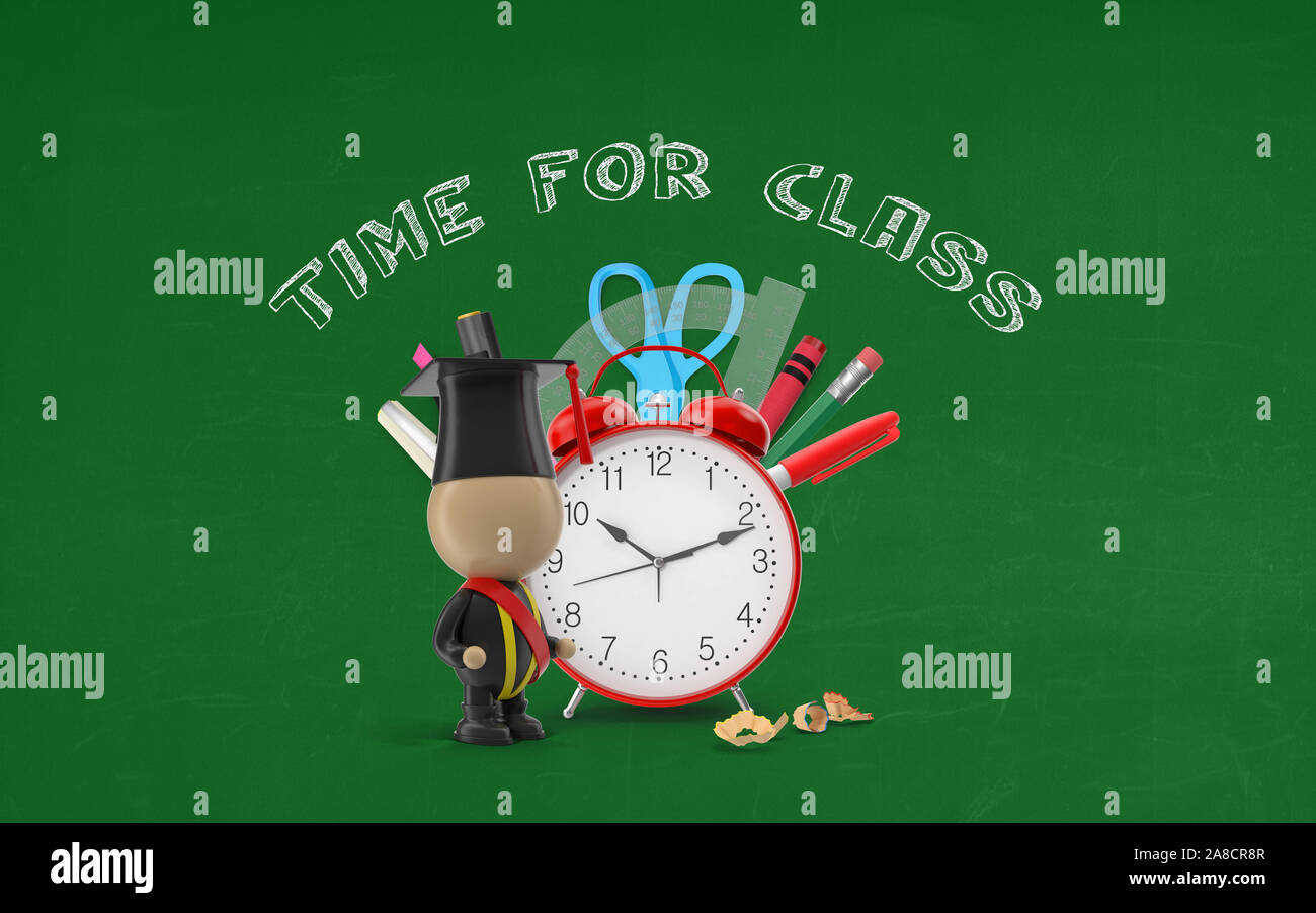 Time For Class text doodle with school stationaries on a green ...