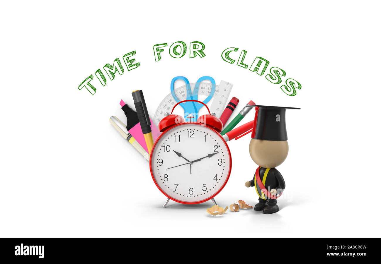 Time For Class text doodle with school stationaries on isolated white ...