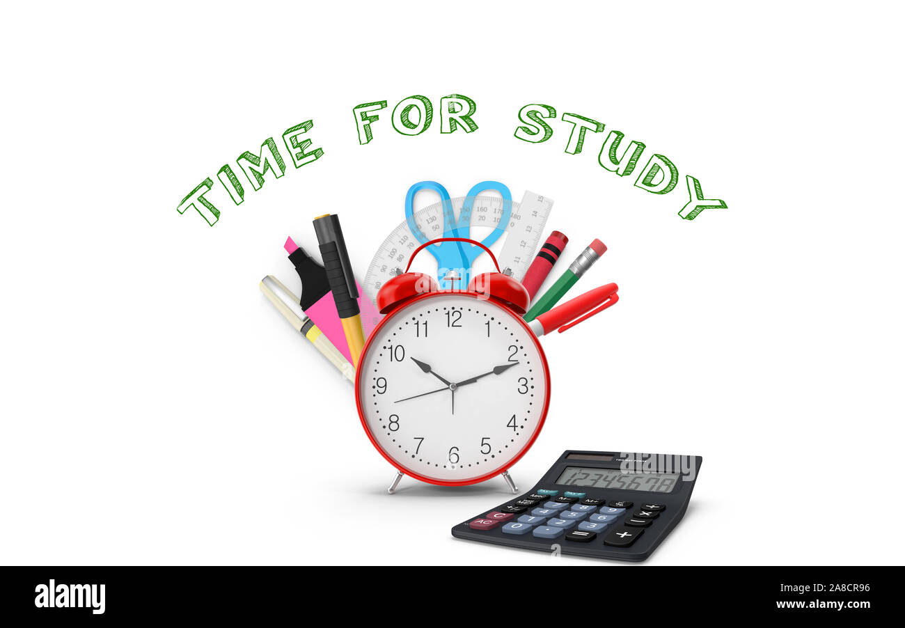 Time For Study text doodle with school stationaries on isolated white ...