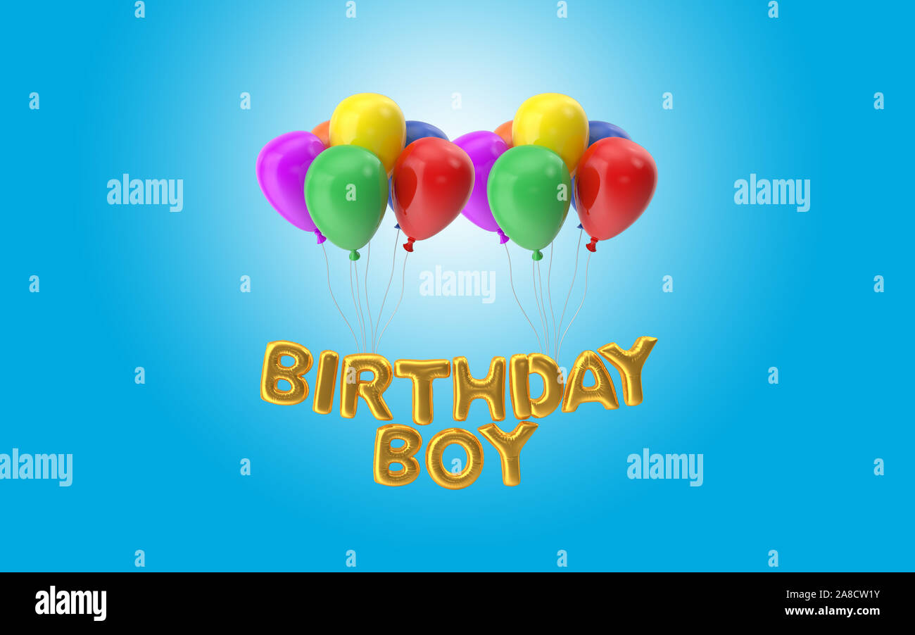 Birthday Boy text made with colorful balloons are hanging and flying in ...