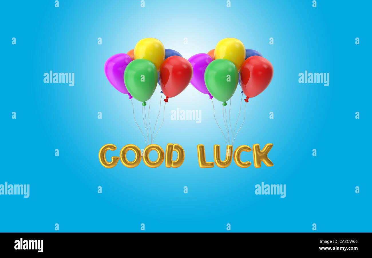 Good Luck text made with colorful balloons are hanging and flying in ...