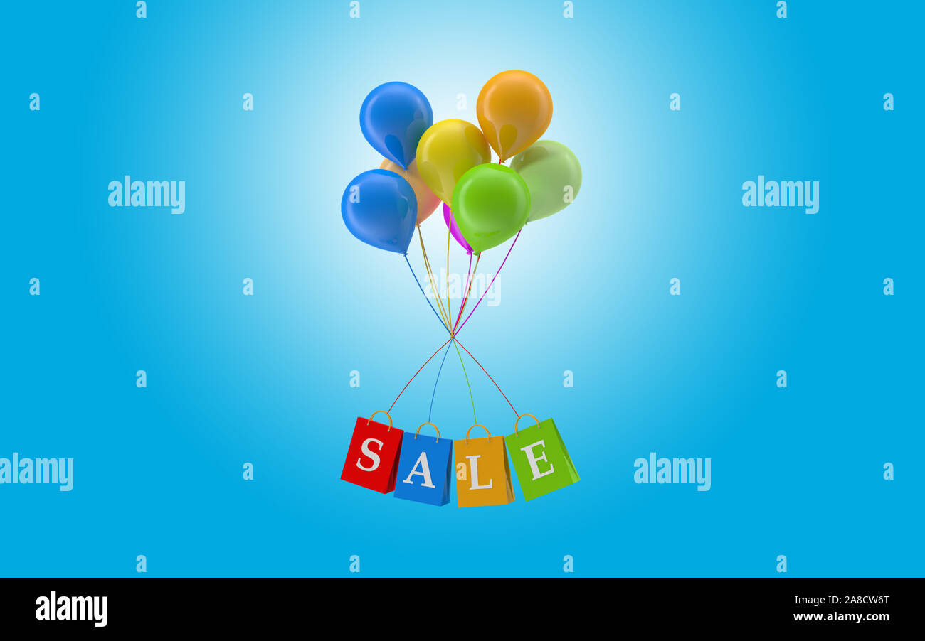 Sale text made with colorful balloons are hanging and flying in the sky ...